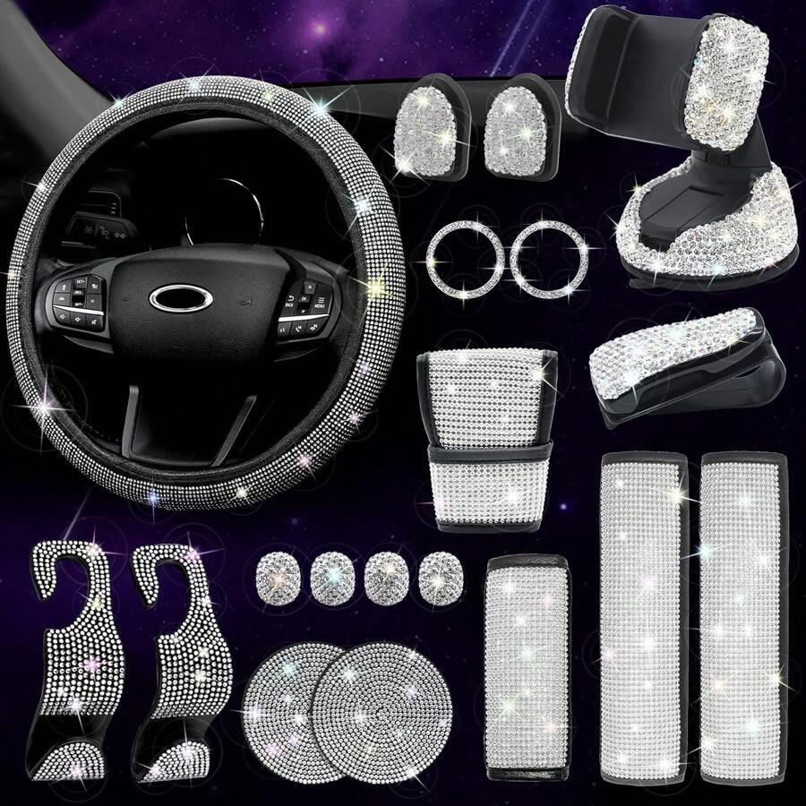 19 Pack White Bling Car Accessories Set For Women, Steering Wheel Cover Universal Fit 15 Inch ...