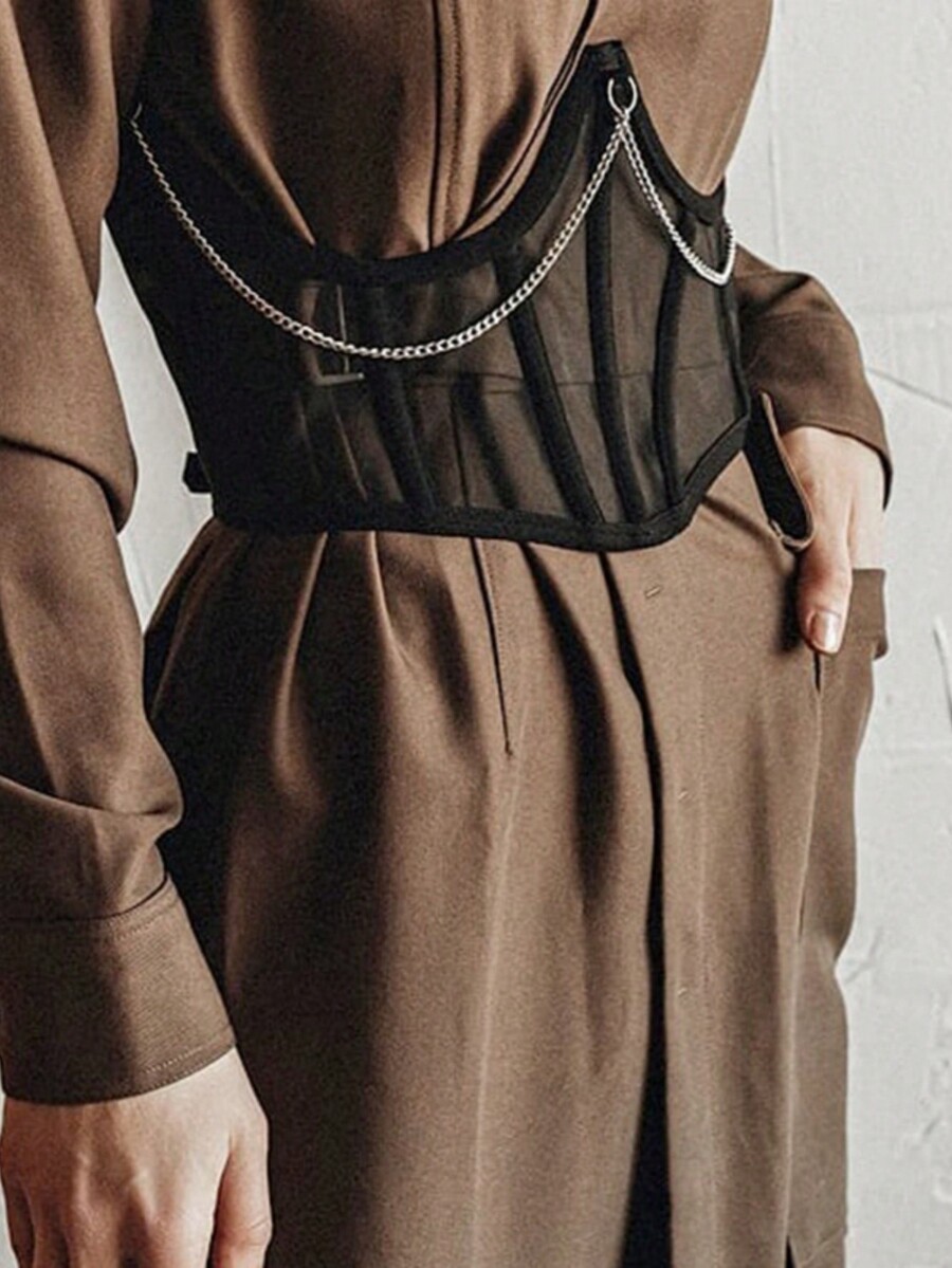 1pc Mesh Panel Chain Detail Bustier Waist Cincher With Fishbone Steel ...