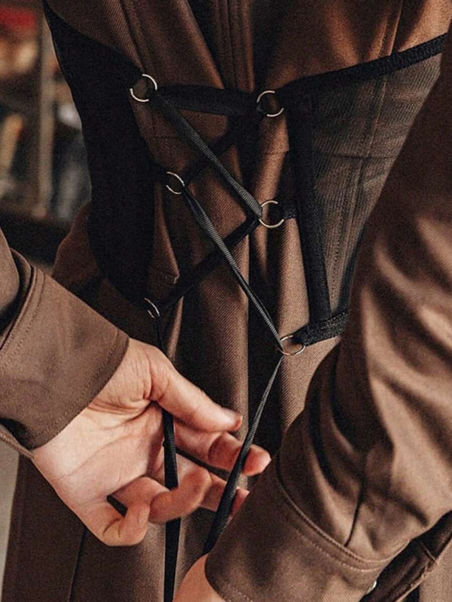 1pc Mesh Panel Chain Detail Bustier Waist Cincher With Fishbone Steel ...