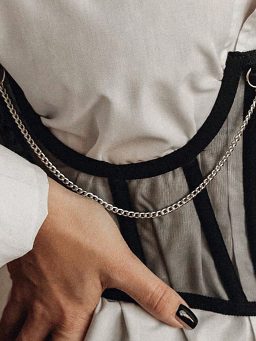 1pc Mesh Panel Chain Detail Bustier Waist Cincher With Fishbone Steel ...