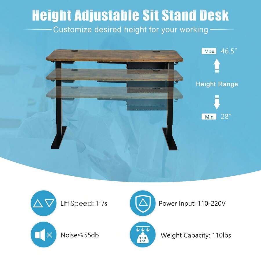 48-Inch Electric Height Adjustable Standing Desk With Control Panel ...