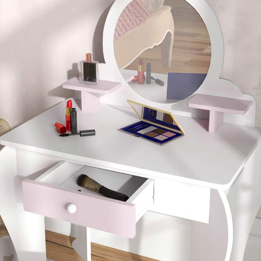 ZONEKIZ Kids Dressing Table With Mirror And Stool , Kids Vanity Table ...