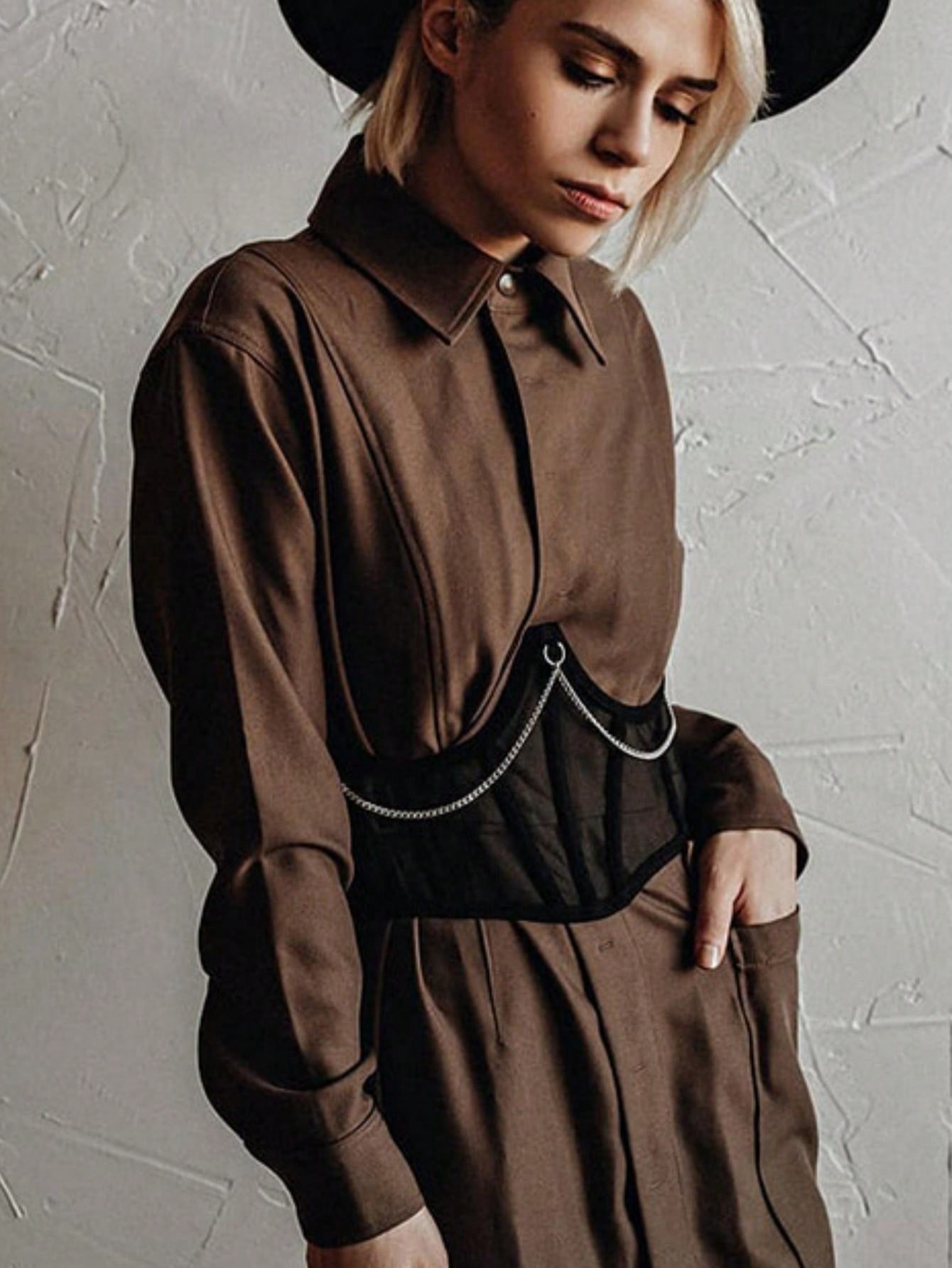 1pc Mesh Panel Chain Detail Bustier Waist Cincher With Fishbone Steel ...