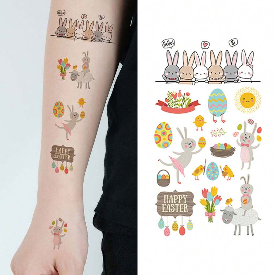 10 Sheets Easter Day Temporary Tattoo Stickers, Cute Cartoon Rabbit ...