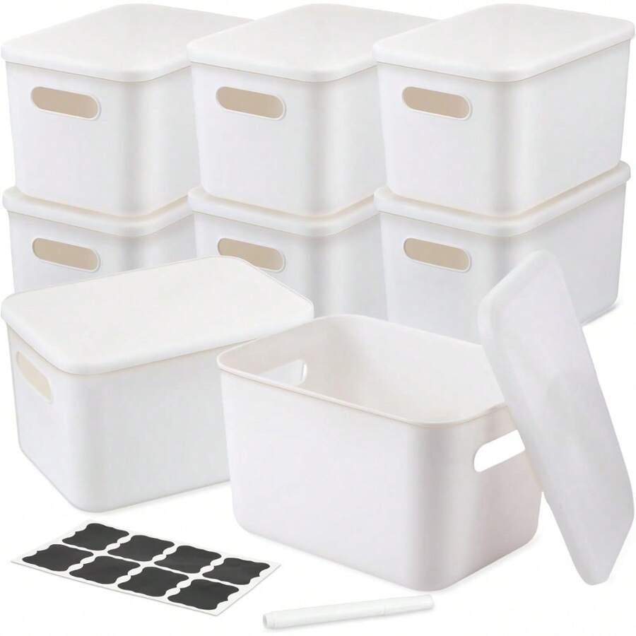 8 Pack White Plastic Storage Bins With Lids Organizing Container With ...