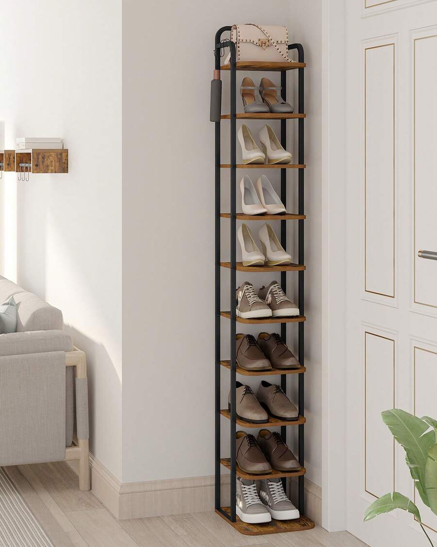 Vertical Shoe Rack, 8/10 Tier Narrow Shoe Shelves, Wood Shoe Organizer ...
