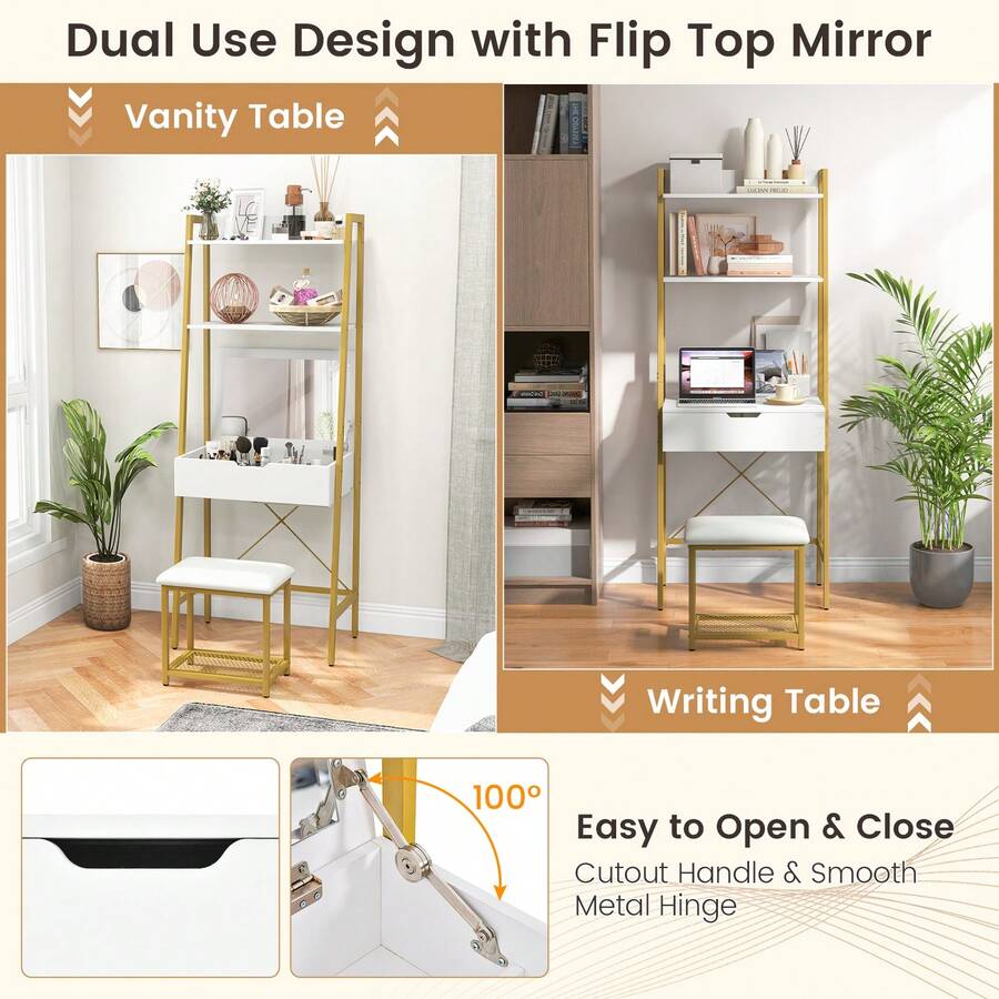 Ladder Vanity Desk Set With Flip Top Mirror And Cushioned Stool | SHEIN USA