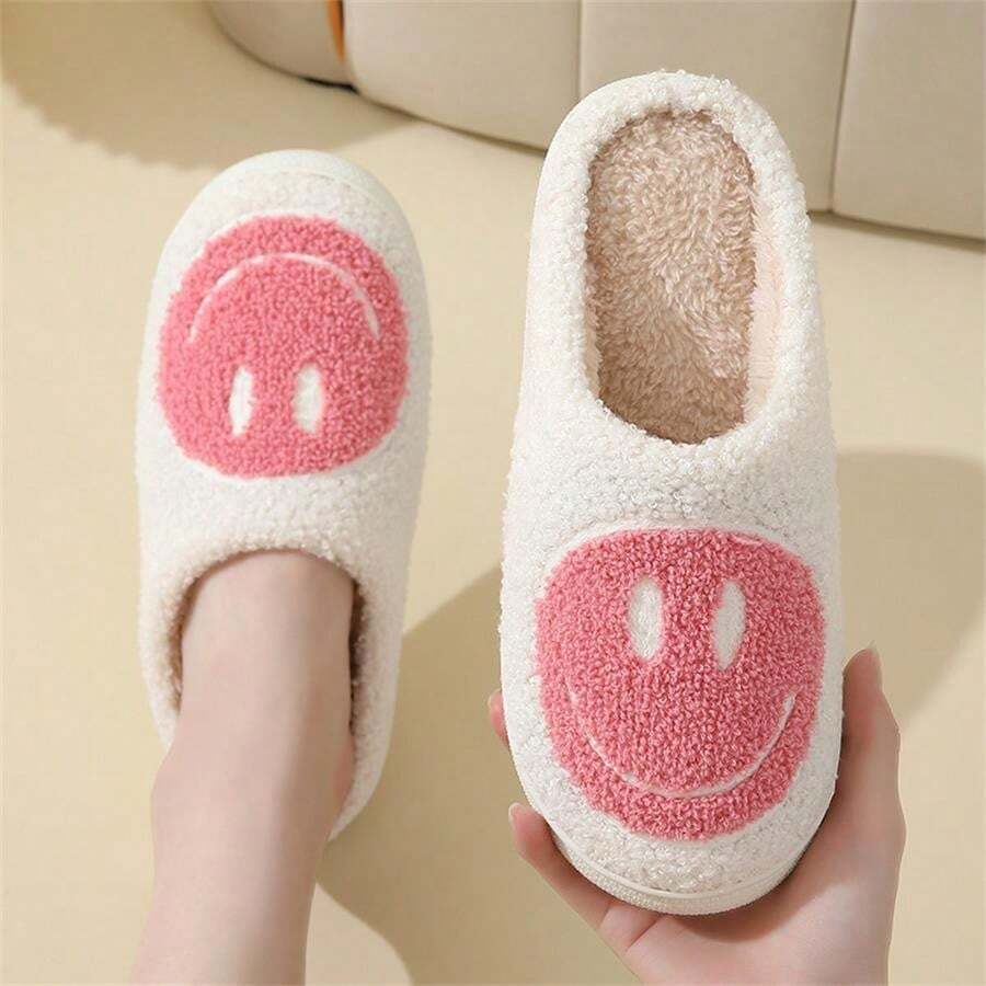 Smile Face Plush Lined Slippers, Comfortable Soft Slip-On Indoor ...
