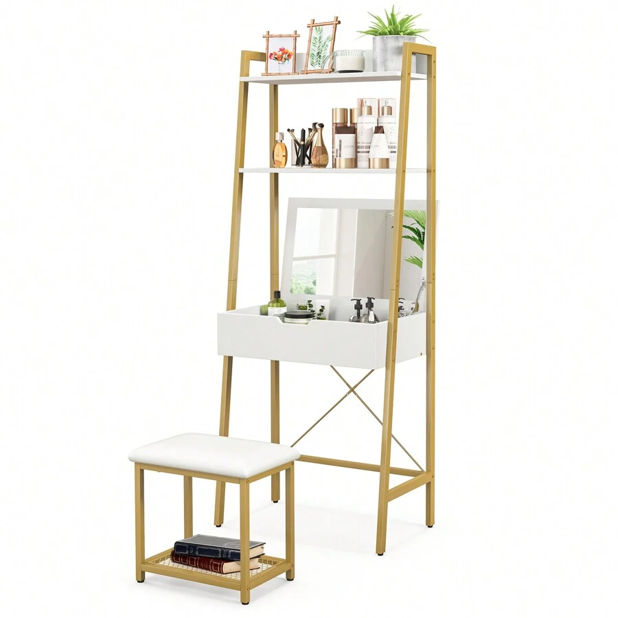 Ladder Vanity Desk Set With Flip Top Mirror And Cushioned Stool | SHEIN USA