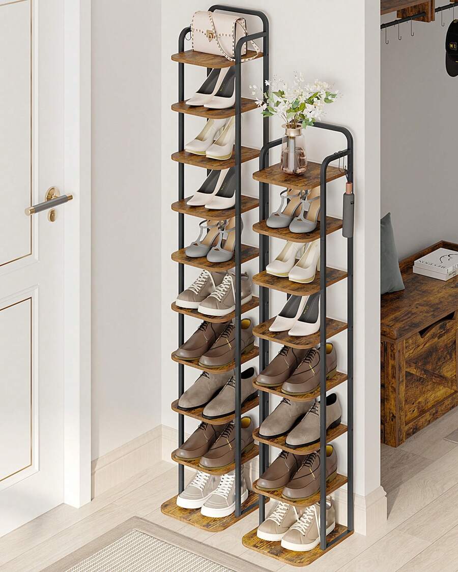Vertical Shoe Rack, 8/10 Tier Narrow Shoe Shelves, Wood Shoe Organizer ...