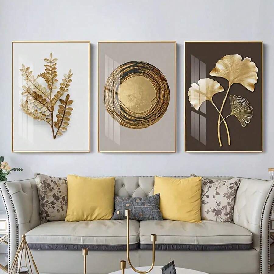 3pcs/Set Hd Printed Gold Plant Leaves Abstract Posters Luxury ...