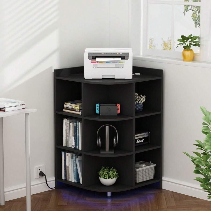 9-Cubby Corner Storage Cabinet With Charging Station And LED Lights ...