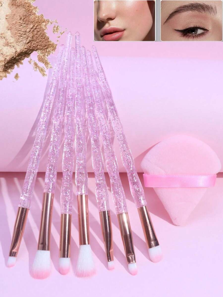 7-Piece Pink Eye Makeup Brush Set + 1 Powder Puff Eyeshadow Brush Lip ...