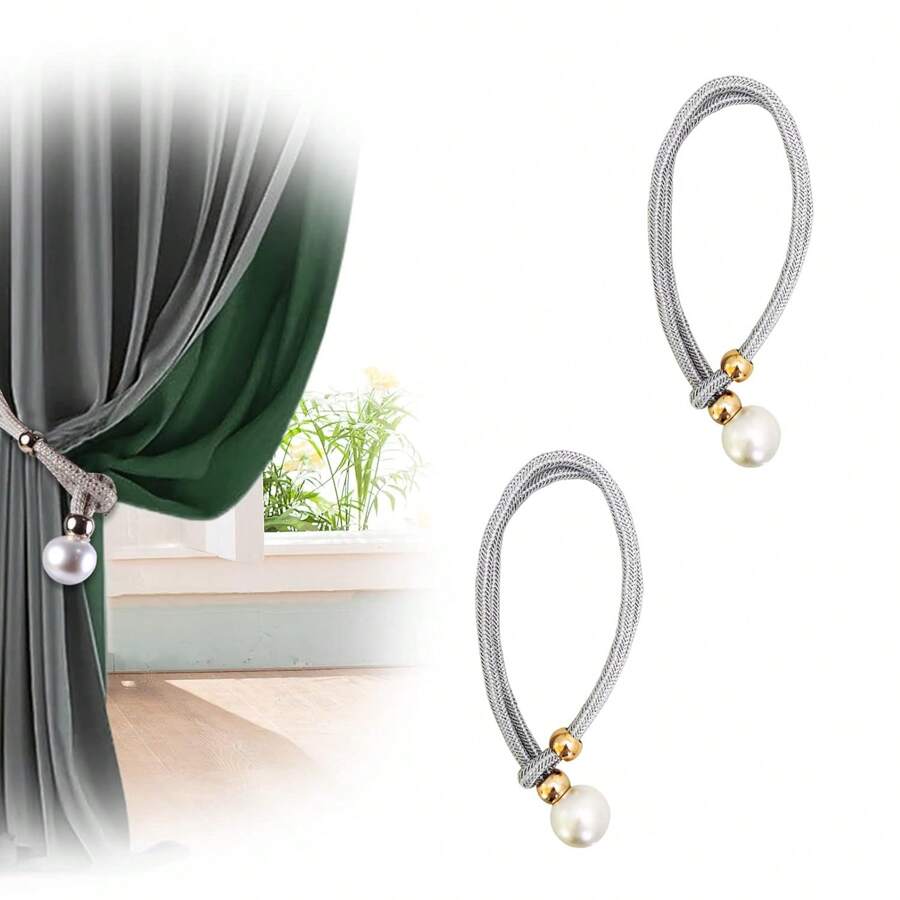 1 Pair Grey Pearl Curtain Tiebacks, Curtain Fasteners With Luxurious ...