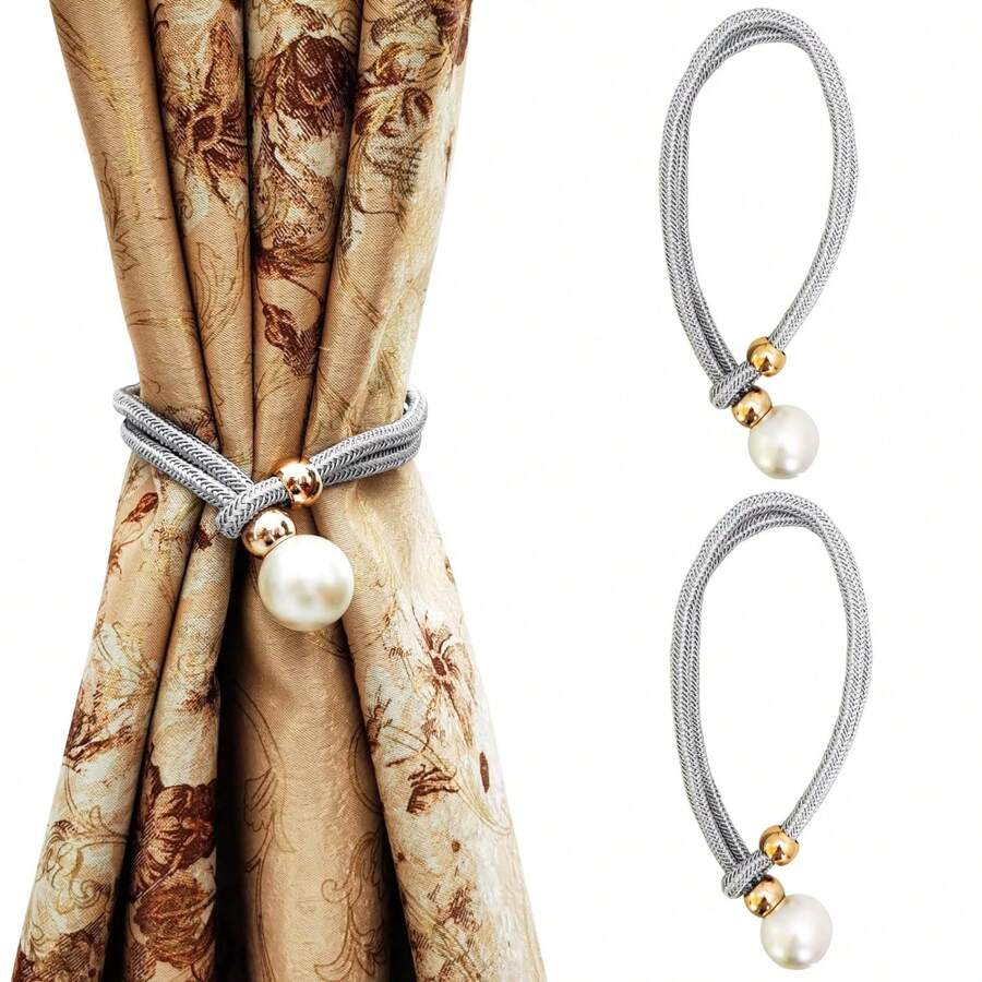 1 Pair Grey Pearl Curtain Tiebacks, Curtain Fasteners With Luxurious ...