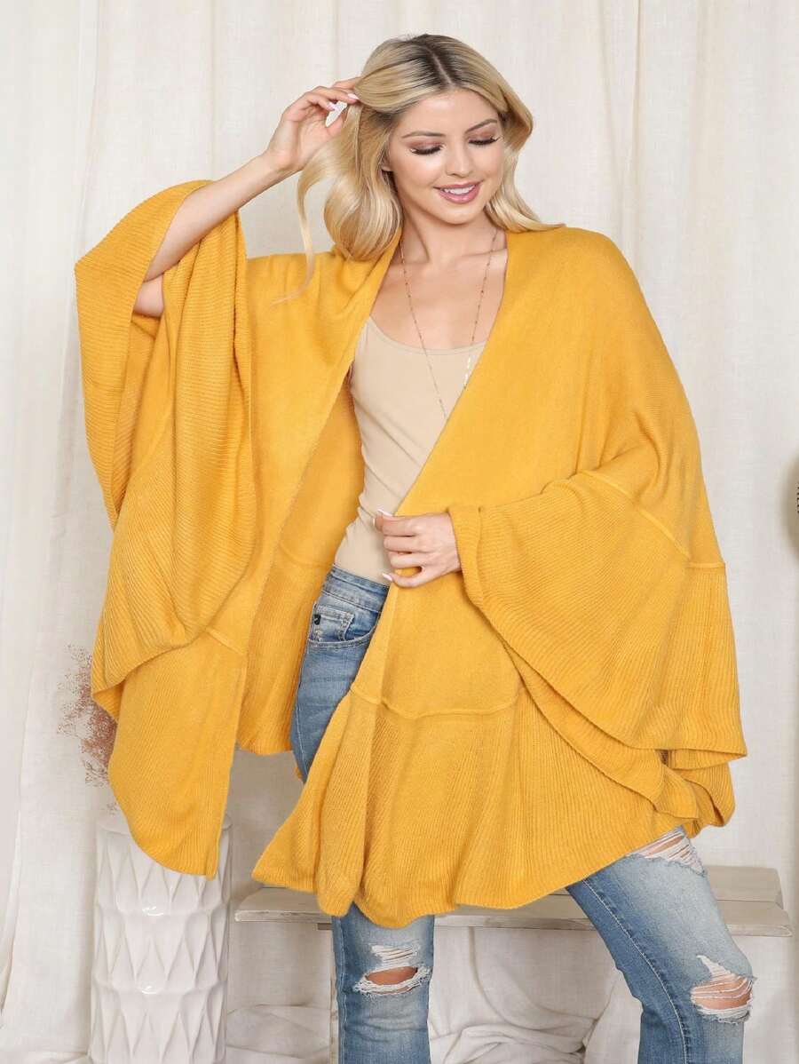 Knit Ruffled Solid Color Kimono | SHEIN USA