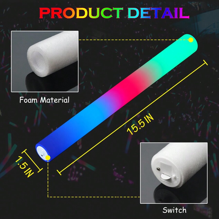 12 PCS LED Light Up Foam Glow Sticks Bulk Colorful RGB Stick Glow In ...