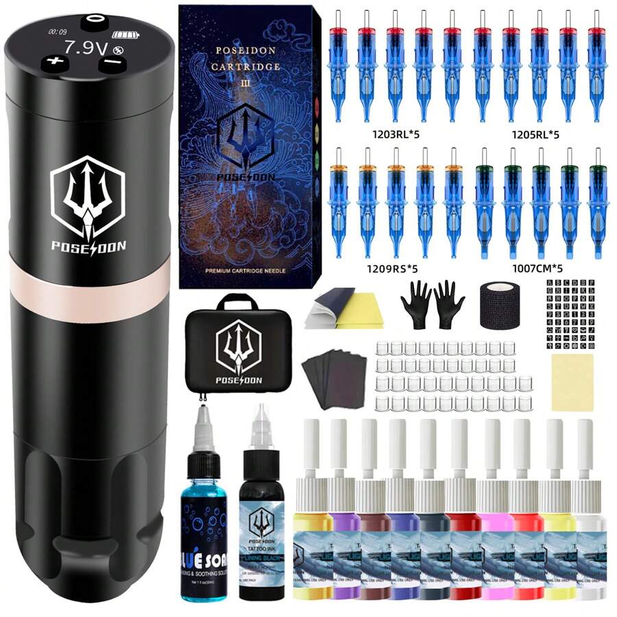POSEIDON Tattoo Pen Kit Wireless Tattoo Machine Gun Kit With 20 ...