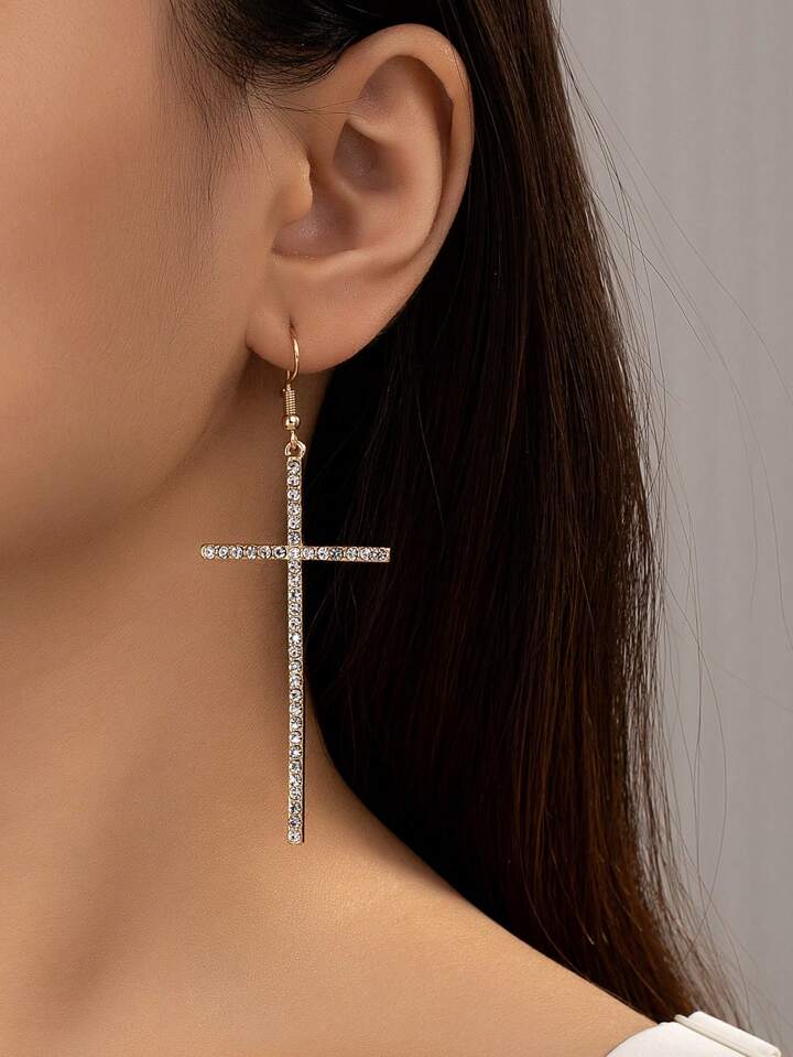1pair Fashionable Women s Cross Shaped Earrings With Full Rhinestone Decoration For Daily Wear SHEIN USA