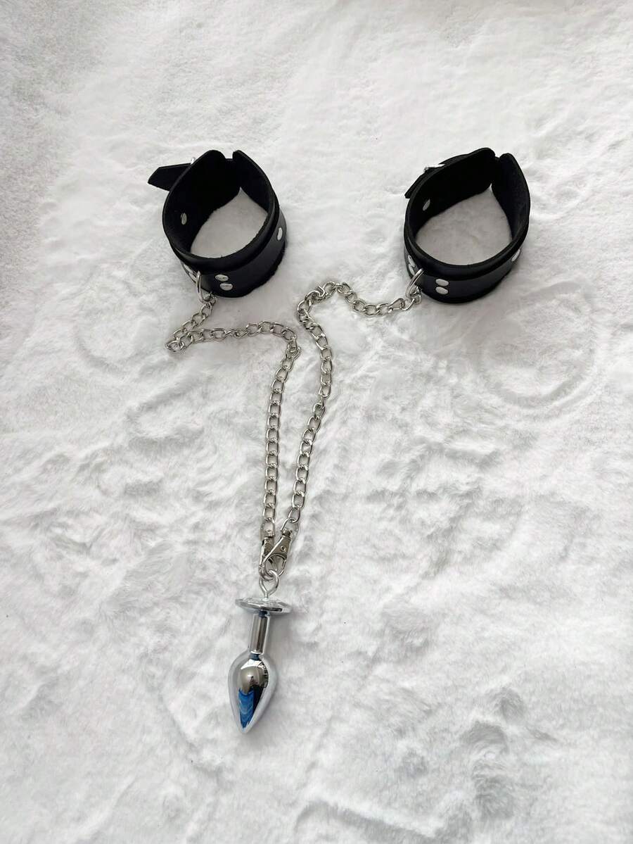Black Handcuffs And Silver Anal Plug Long Chain Combination Adult And ...