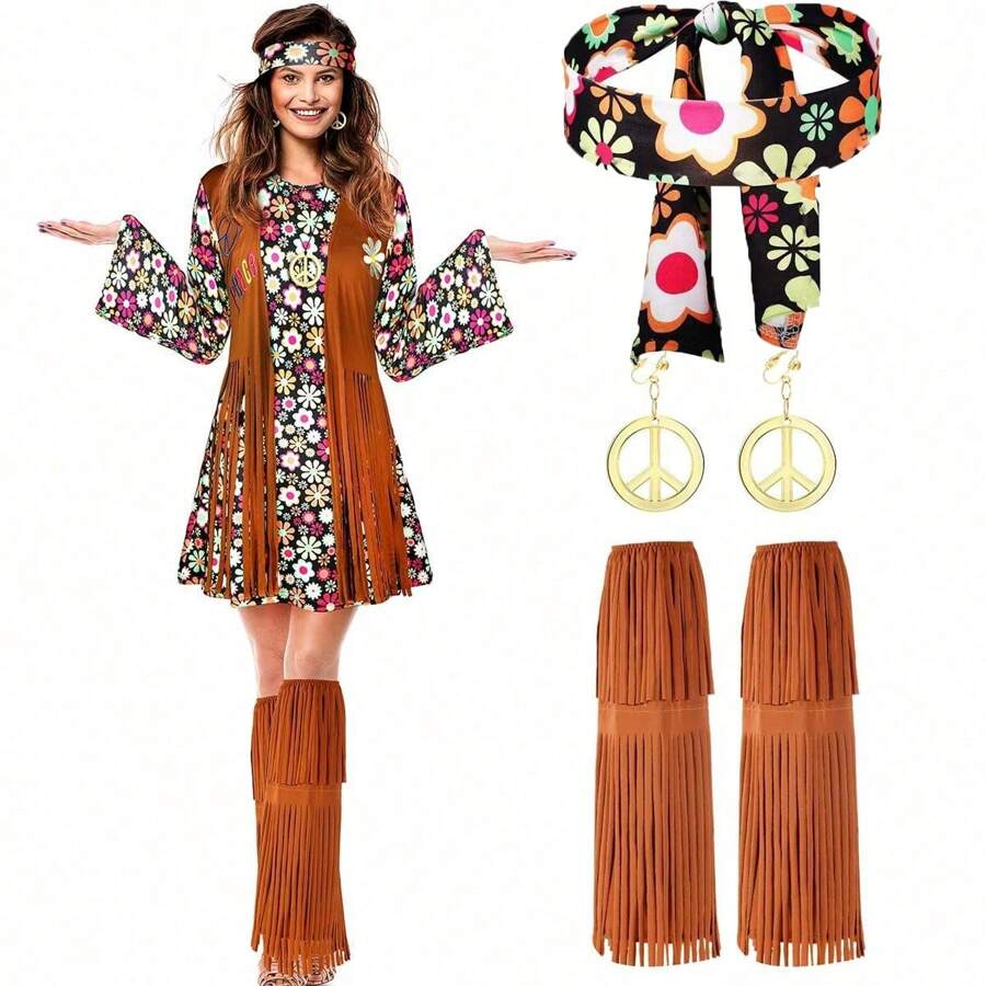 Conjunto de disfraz hippie de los años 70 y 60 con accesorios de ropa y ...