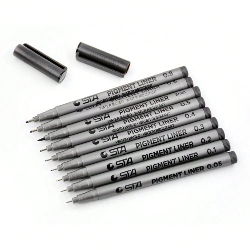 STA 9pcs/Set Pen Waterproof And Fade Proof Tip Fine Liner Black Sketch ...