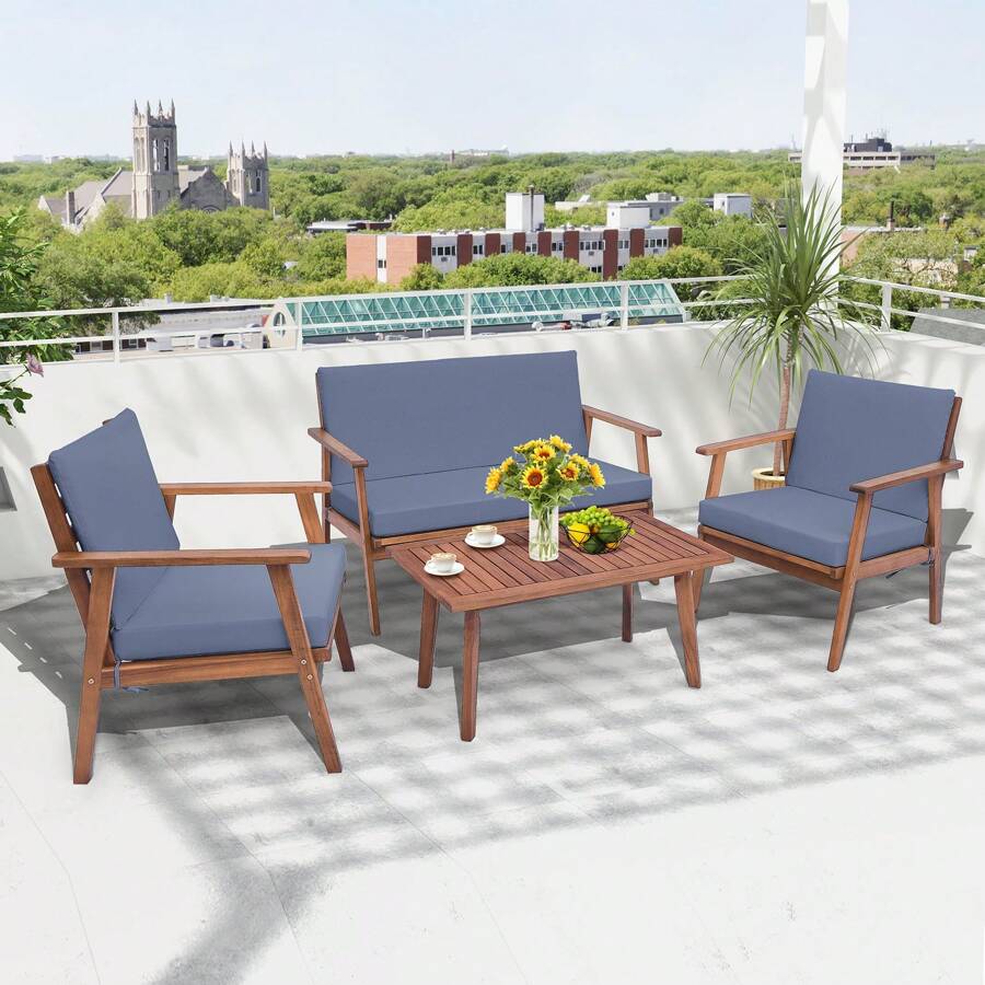 4 Piece Outdoor Acacia Wood Conversation Set With Soft Seat And Back ...