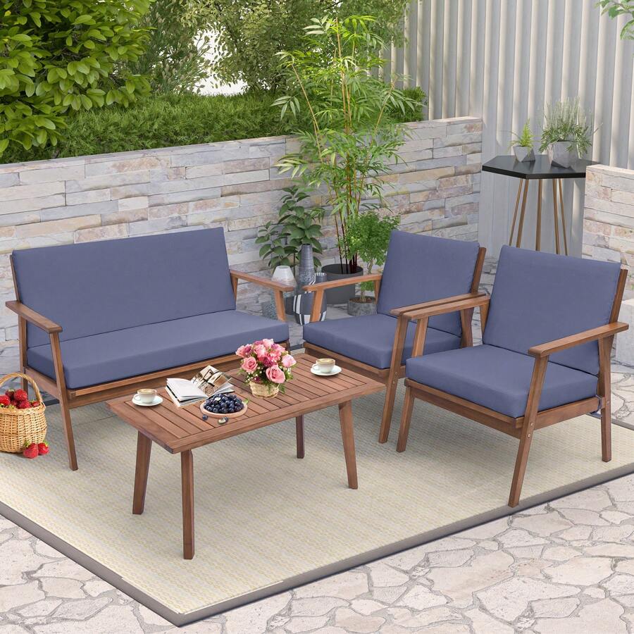 4 Piece Outdoor Acacia Wood Conversation Set With Soft Seat And Back ...