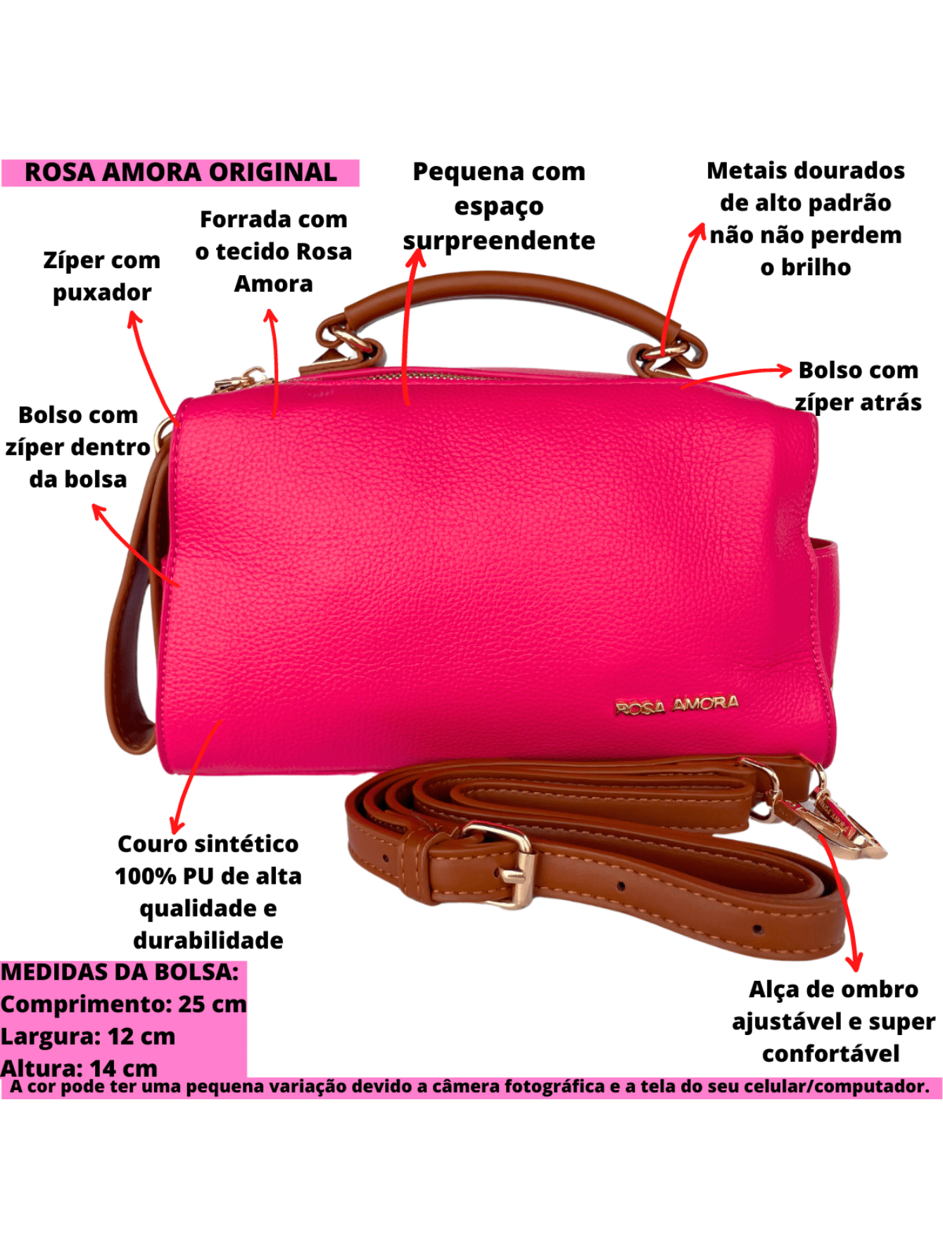 Bolsa Rosa Amora Original Luxo Feminina Pequena Transversal Tiracolo e ...