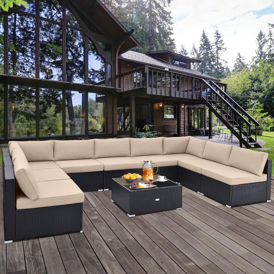 10 Piece Outdoor Wicker Conversation Set With Seat And Back Cushions ...