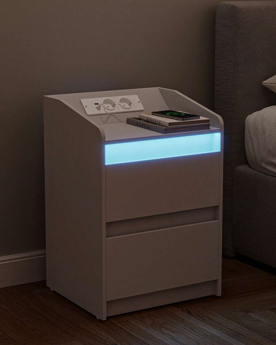 Bedside Tables Set Of 2 With LED Lights, Charging Station And 2 Drawers ...