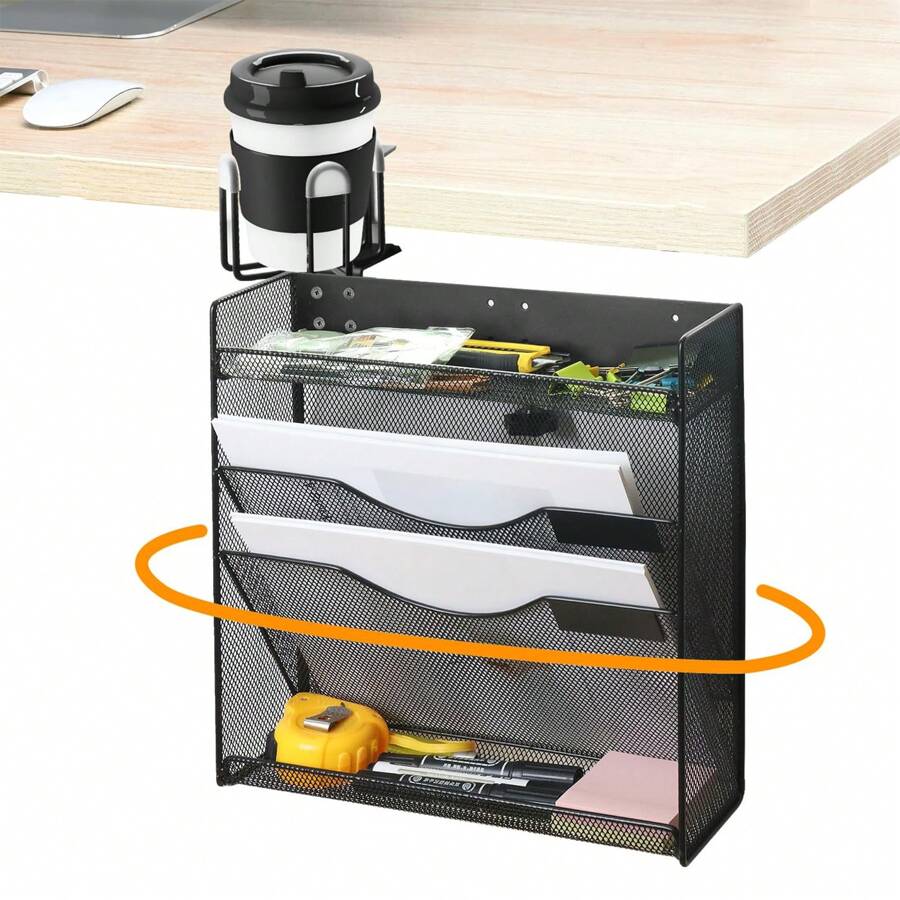 Rotating Under-Desk File Holder With Cup Holder - Clamp-On Under Desk ...