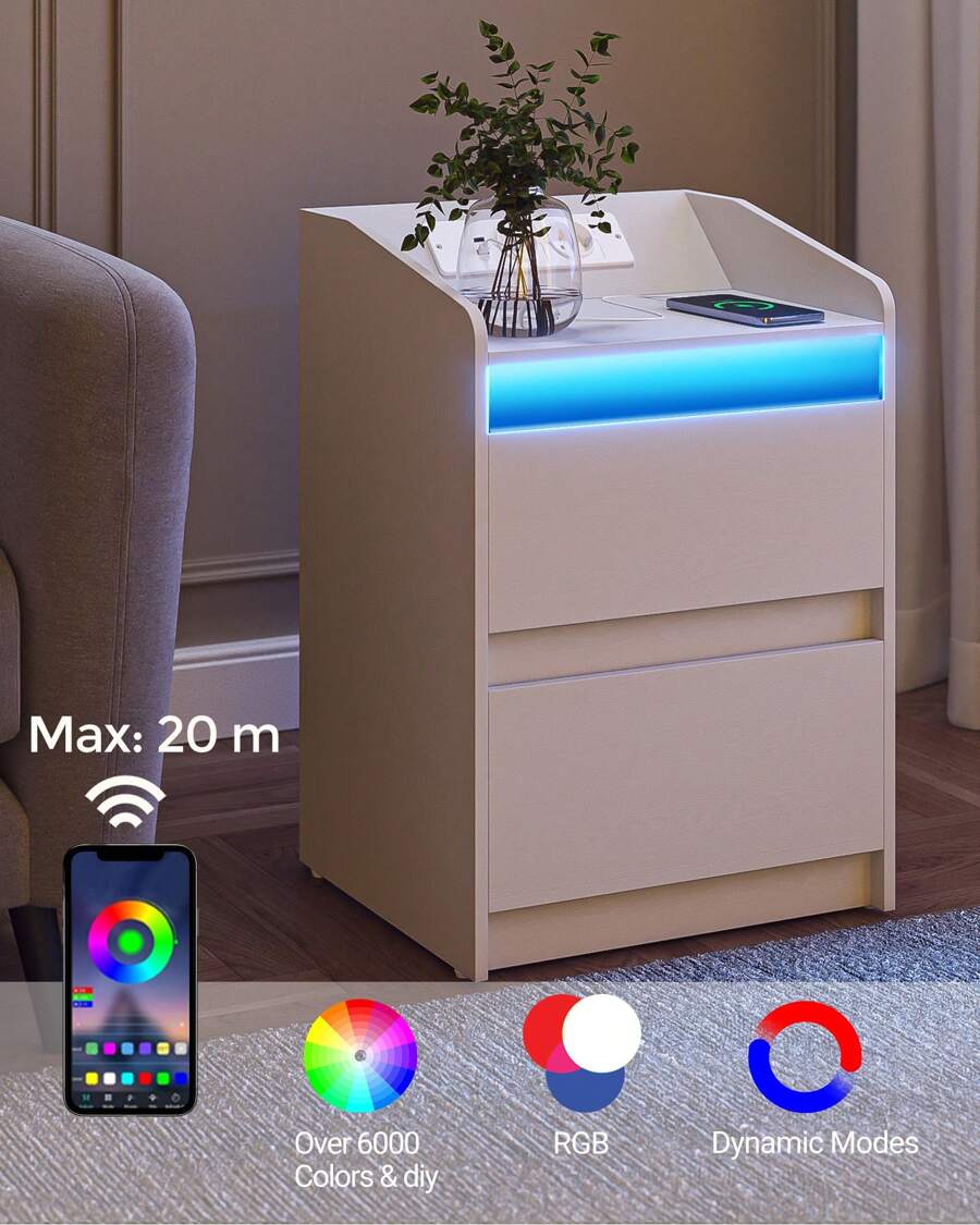 Set di 2 comodini con luci LED, stazione di ricarica e 2 cassetti ...