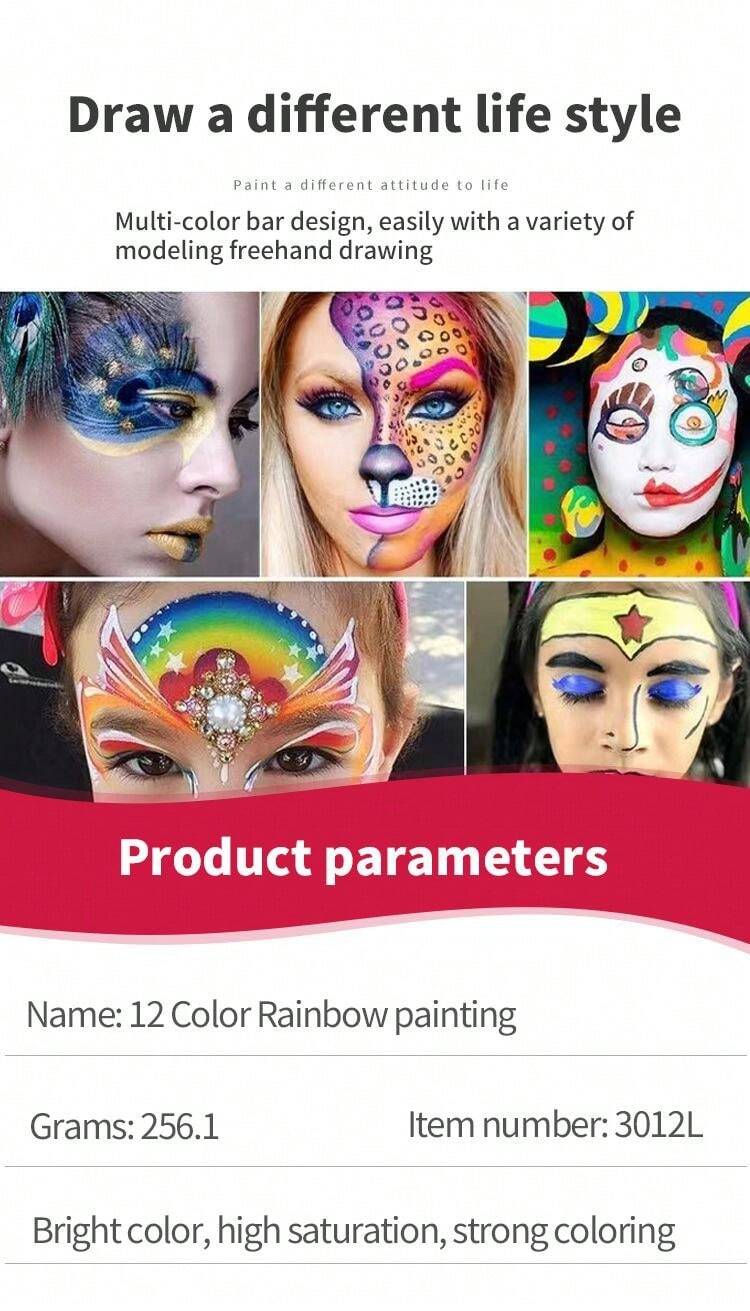 12-Grid 60-Color Rainbow Body Paint Palette, Water-Based Face Paint ...