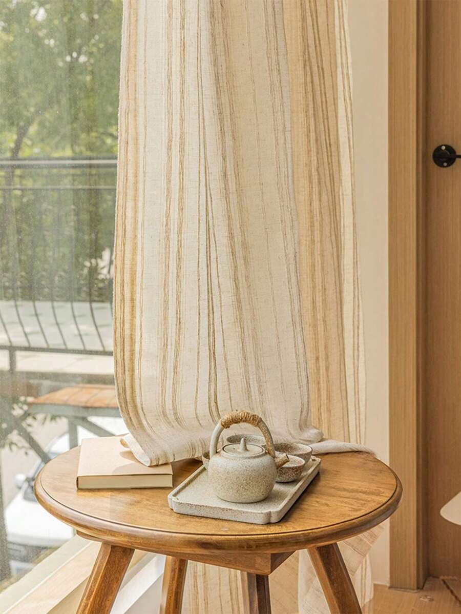 1pc Striped Linen Curtain With Rod Pocket For Living Room, Bedroom ...