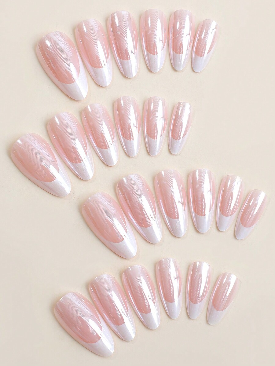 French Tip Press On Nails Almond Medium Fake Nails With Chrome Designs Glossy Nude False Nails ...