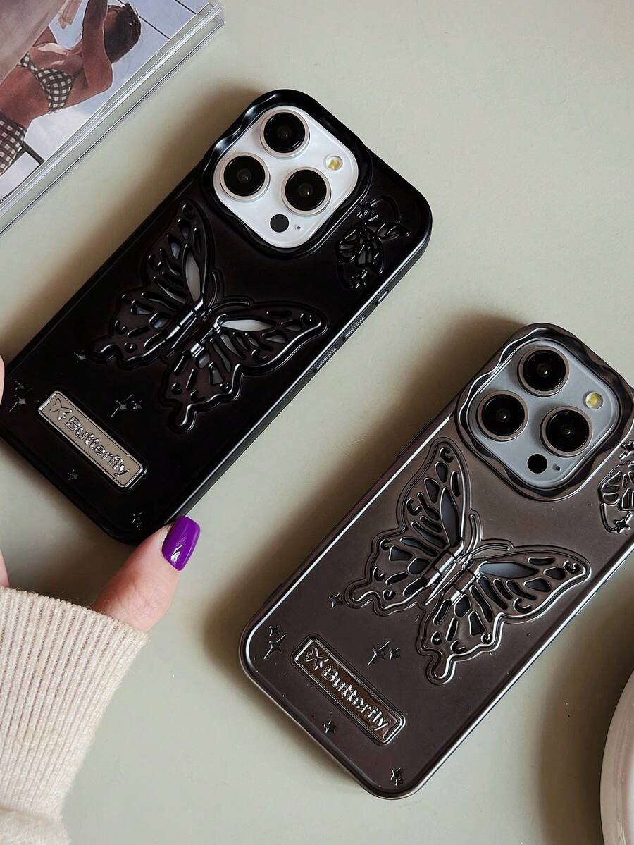 Black Grinded & 3d Butterfly Phone Holder Protective Case For Apple ...