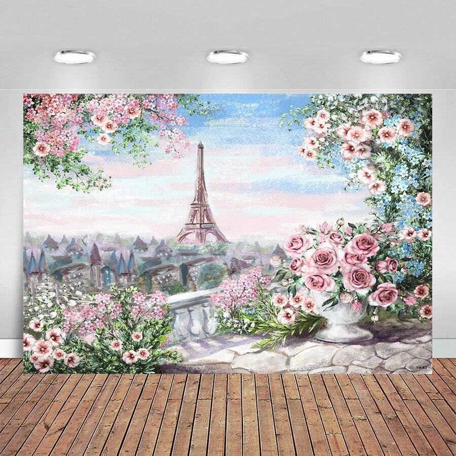 Floral Paris Backdrop Paris Party Decorations Cherry Blossoms Eiffel ...