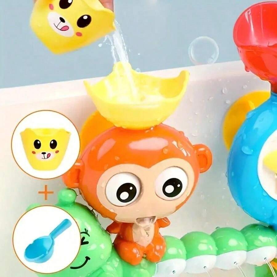 Baby Monkey Suction Cup Bath Toy Set, Including Rotating Waterwheel ...