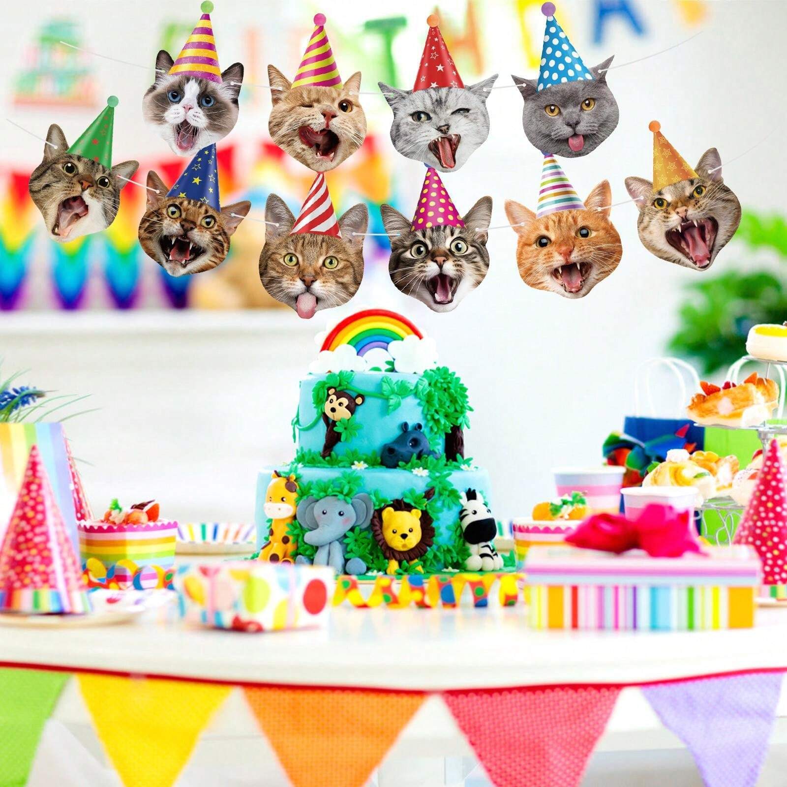 Fowecelt Cat Birthday Decorations Cat Happy Birthday Banner For ...