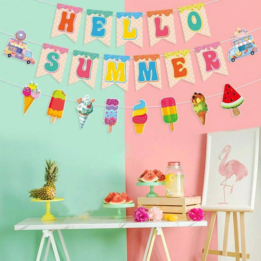 Hawaiian Style Hello Summer Banner Decoration With Ice Creams, Donuts ...