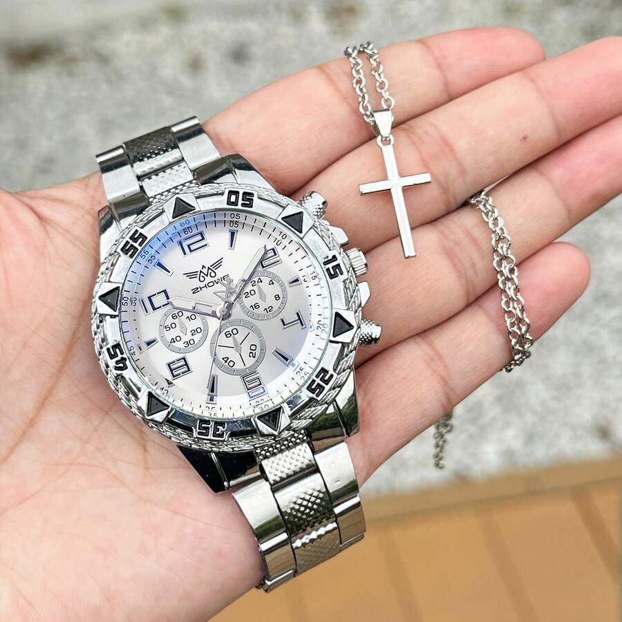 [FREE BOX] Men's Watch Set + Necklace With Cross Fashion Casual ...