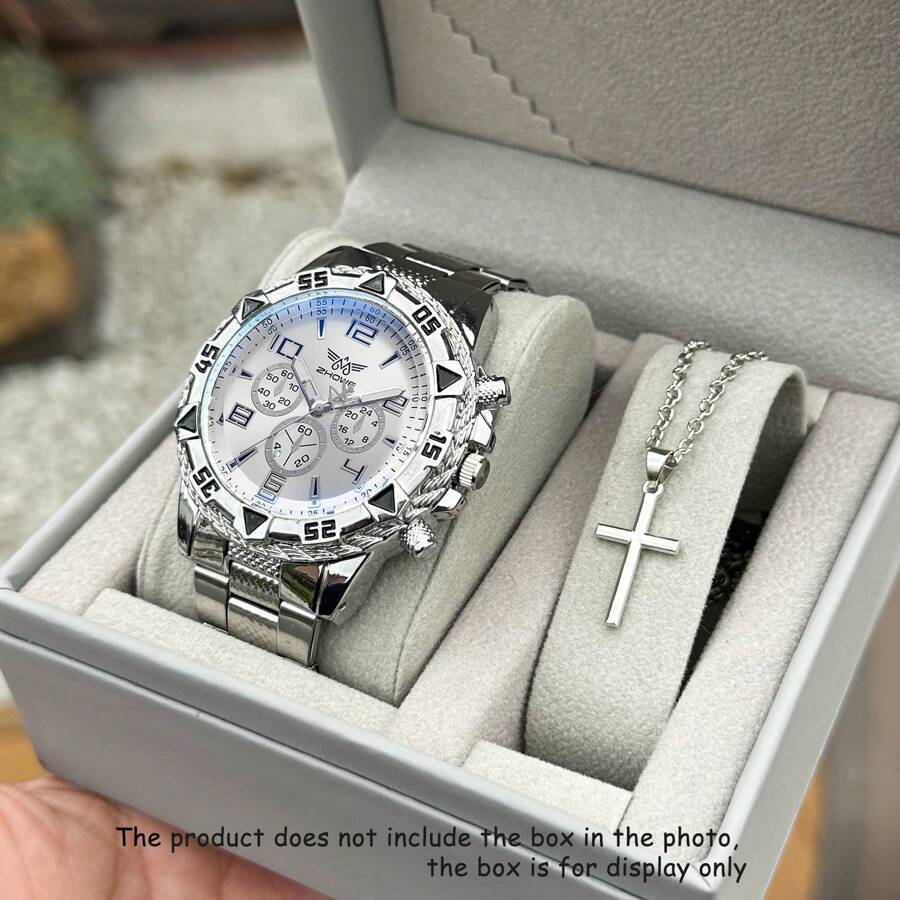 [FREE BOX] Men's Watch Set + Necklace With Cross Fashion Casual ...