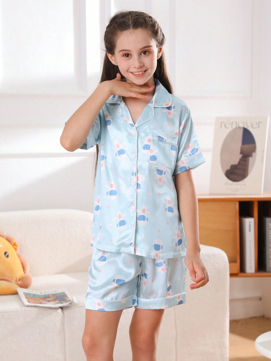 2pcs Tween Girls' Ice Silk Pajamas Set With Cartoon Astronaut Printed ...