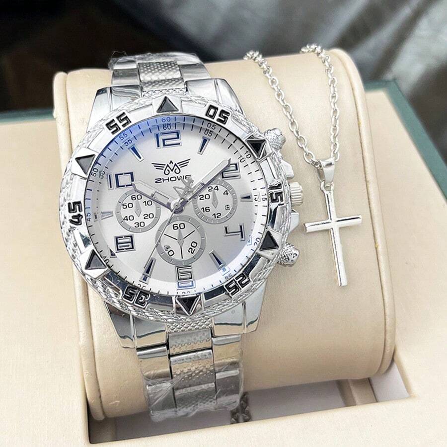 [FREE BOX] Men's Watch Set + Necklace With Cross Fashion Casual ...