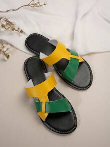 Women's Color Block Flat Shoes, Open Toe Faux Leather Sandals, Casual ...