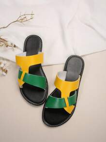 Women's Color Block Flat Shoes, Open Toe Faux Leather Sandals, Casual ...