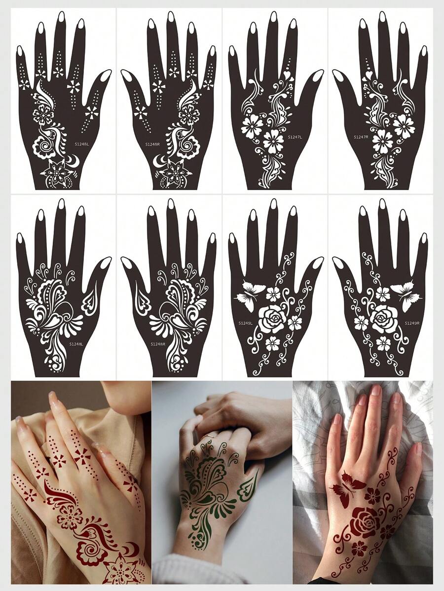 8 Sheets Henna Stickers Moon Feather Henna Stencil Sticker For Body ...