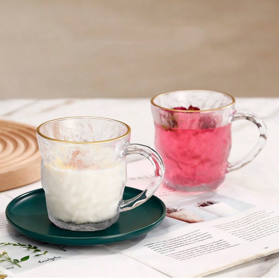 Glacier Textured Glass Cup With Handle, Transparent Drinkware With High ...