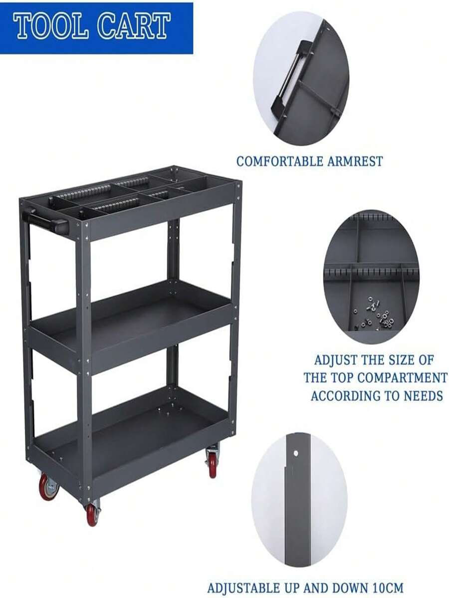 3 Tier Rolling Tool Cart Heavy Duty Steel Utility Cart With Dividers Lockable Wheels 660 LBS ...